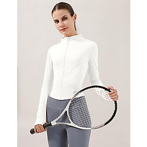 Locachy Women's Lightweight Stretchy Workout Full Zip Running Track Jacket with Thumb Holes White XS