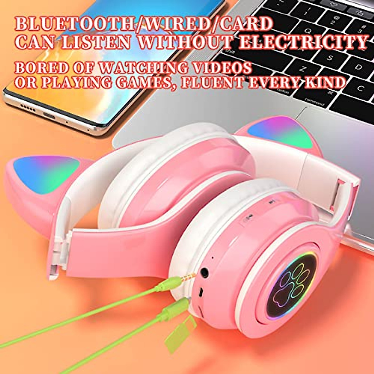 Bluetooth Headphones Over-Ear Cat Ear Wireless Headset with LED Flashing, Noise Cancelling Headphones Lightweight Head-Mounted Wireless Headphones with Hifi Stereo, Deep Bass, Cool Stuff (Black)