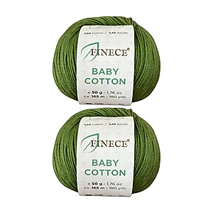 FINECE Baby Cotton, 60% Cotton 40% Acrylic Yarn, Fine (2) for Crochet and Knitting 2 x 1.76 Oz (2 x 50g) / 2 x 180 Yrds (2 x 165m), Soft Yarn, Amigurumi Yarn (2 Skeins, 3049 - Green)