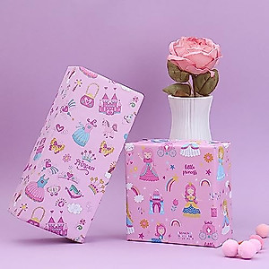 Princess Dressed in Pretty outfits On Pink Gift Wrapping Paper Flat Sheets (4-Sheets, 4-Designs: 15 sq. ft. ttl)-For Girls Baby Shower, Birthday, Christmas Holiday Gift Wrap, Princess Party Supplies and More