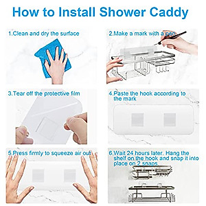 TOLOYE Shower Caddy Shelf, Adhesive Shower Caddy 2 Pack Shelf with 14 Hooks Storage Rack Organizer, Stainless Steel Shower Shelves with Soap Holder, No Drilling Rustproof for Bathroom, Restroom