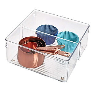 InterDesign Linus Twin Kitchen Drawer Organizer for Silverware, Spatulas, Gadgets - 8" x 8" x 3", Clear