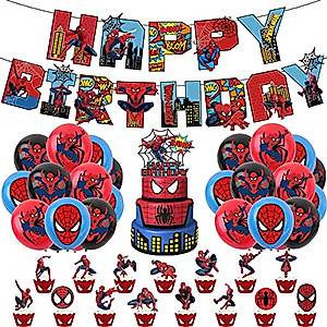43PCS Spider Birthday Decorations - Spider Theme Party Supplies for Kids Boys with Happy Birthday Banner, Cake Topper, 24 Latex Balloons, 15 Cupcake Toppers
