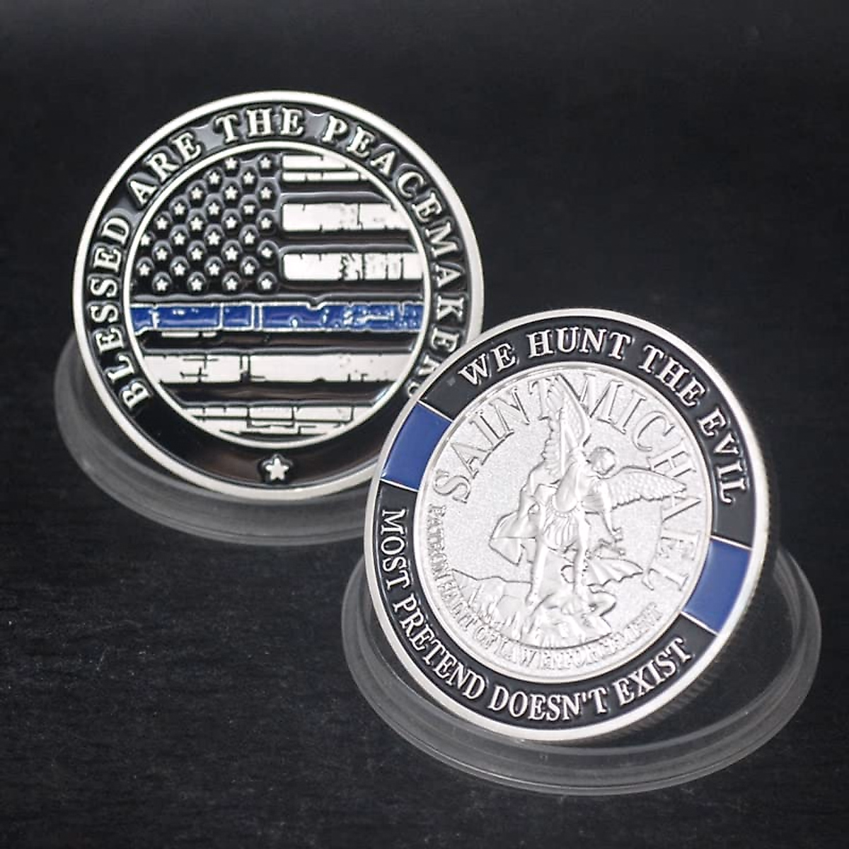 Saint Michael Patron Saint of Law Enforcement Challenge Coin The Thin Blue Line Silver Plated Coins