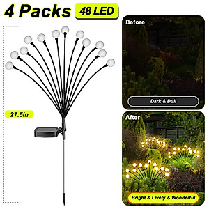 48 LED 4 Packs Solar Garden Lights, Firefly Lights Solar Outdoor Waterproof, Swaying Outdoor Lights with 2 Modes, High Flexibility Iron, Solar Powered Yard Patio Walkway Pathway Decoration, Warm White