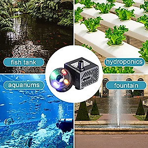 BCORLD Fountain Pump with LED Lights, Quiet Fountain Pump, Adjustable Water flow Fountain Pump，54GPH(200L/H，3W）, Outdoor Pond, Aquarium fish tanks, Home Décor Fountain,1 Nozzles，Power Cord 5ft