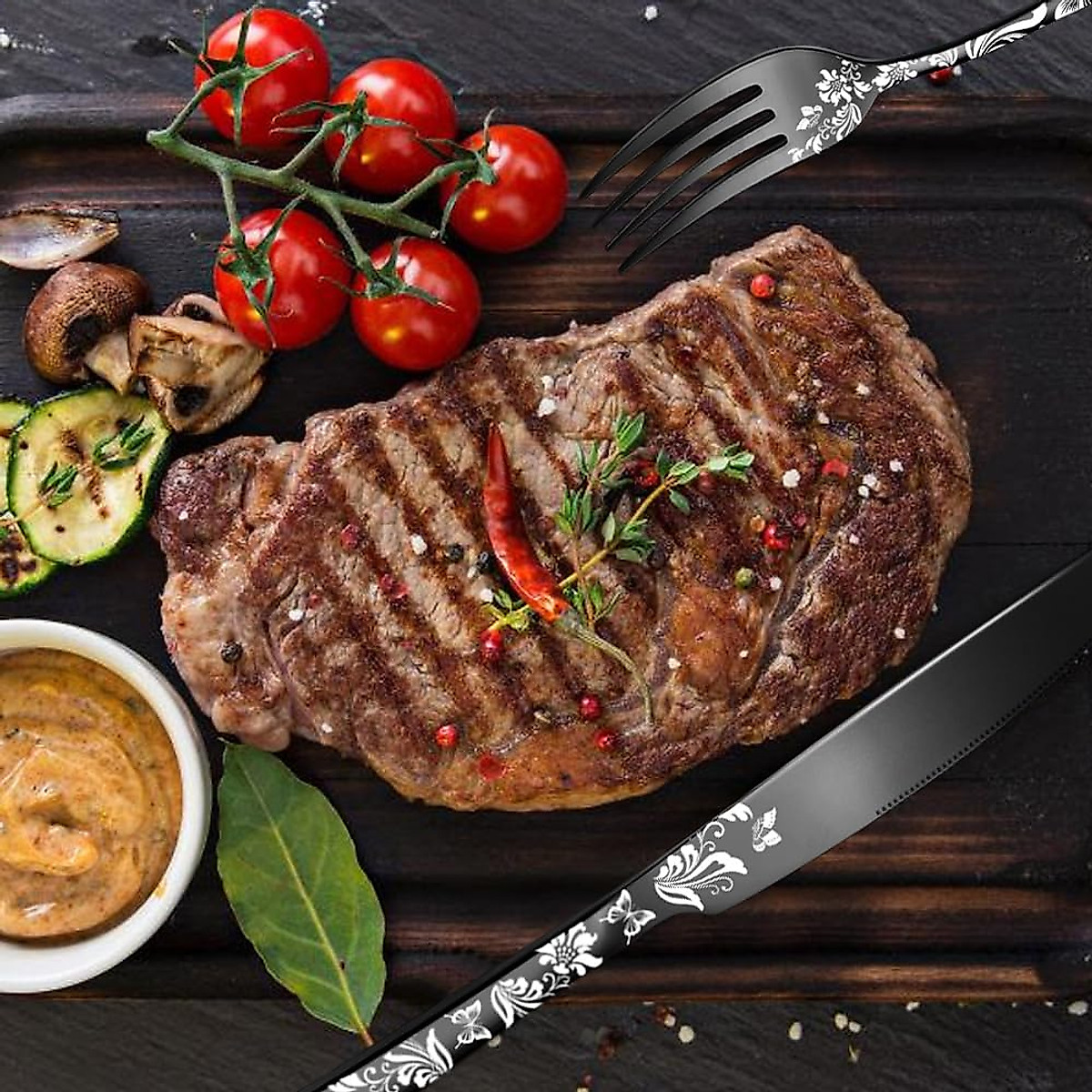 Aimilan 72 Pcs Black Silverware Set with Steak Knives Service for 12,Stainless Steel Creative Print Flatware Set,Mirror Polished Cutlery Utensil Set, Dishwasher Safe (72 Pcs Service for 12)