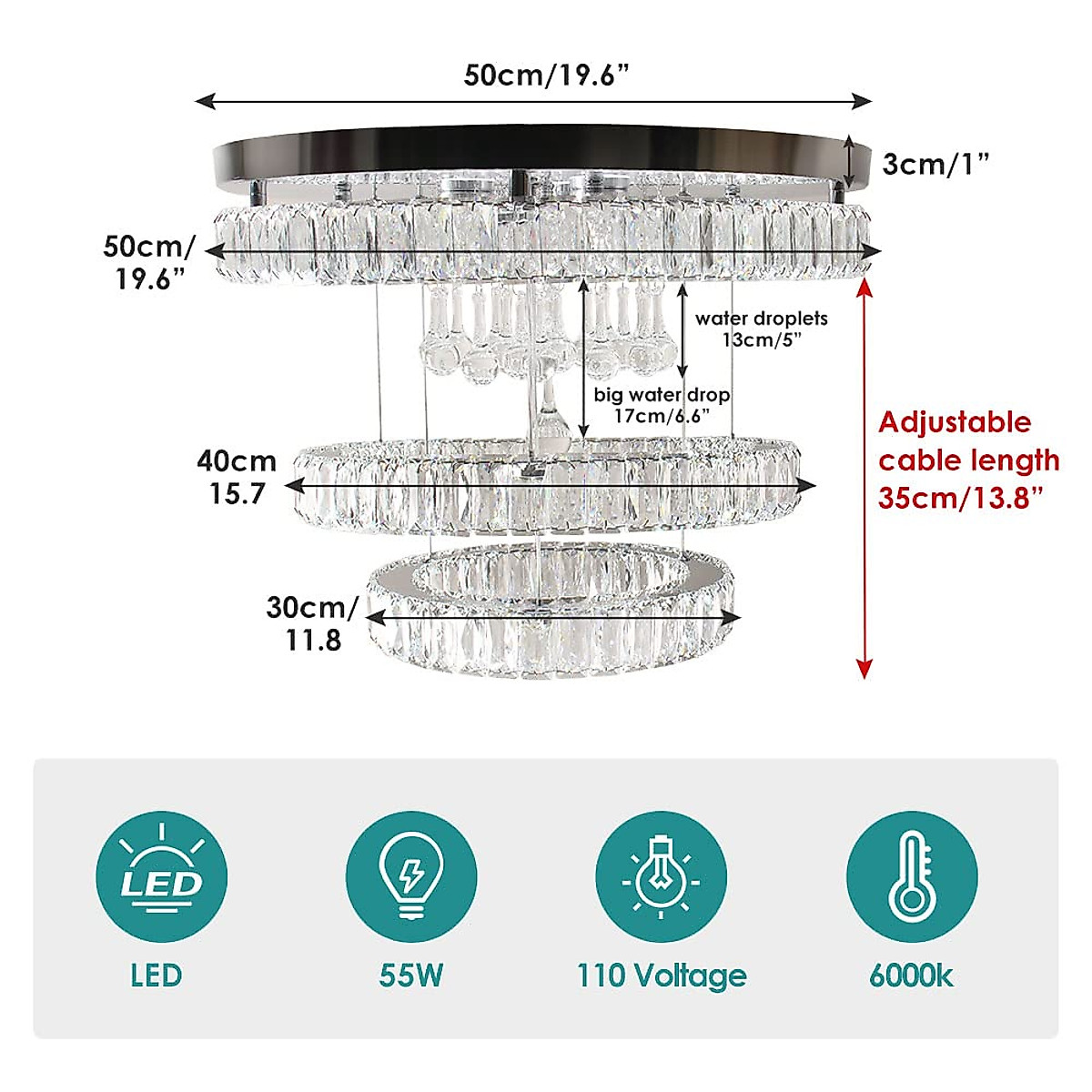 Finktonglan 19.7" Crystal Chandelier Modern LED Crystal Ceiling Light Fixture Flush Mount Ring Chandeliers for Bedroom Dining Room Living Room 6500K Cool White