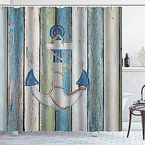 Dia Magico 4PCS Blue White Anchor Shower Curtain Set, Green Teal Wooden Barn Door Coastal Beach Ocean Rustic Nautical Bathroom Decor, Waterproof Fabric Shower Curtain, Non-Slip Bath Mat Toilet Rug
