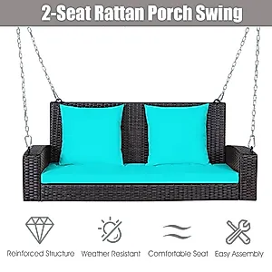 UJOYPAYD Hanging Porch Swing Bench,Heavy Duty 800 LBS 2-Person Rattan Swing Chair with Soft Cushions,Metal Frame Wicker Swing Bench,7.9ft Reinforced Steel Chain for Deck, Backyard, Garden (Turquoise)
