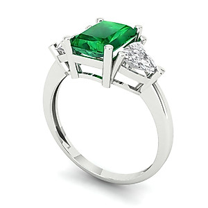Clara Pucci 2.97ct Emerald Trillion cut 3 stone Solitaire Green Emerald designer Modern Statement Ring 14k White Gold Size 8.5