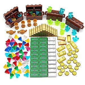 Feleph Treasure Accessories Money Building Blocks Set Jewel Chest, Gems Diamonds, Bullion Gold Tile Silver Bar, Power Crystals, Coins, Goblet, 100 Dollar Bill Cash Toy Brick