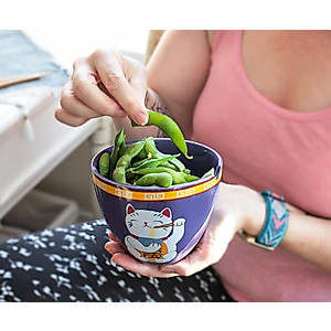 Boom Trendz Bowl Bop Purple Lucky Cat Japanese Ceramic Dinnerware Set | Includes 16-Ounce Ramen and Wooden Chopsticks Asian Food Dish for Home Kitchen Kawaii Anime Gifts, Maneki Neko Collectible