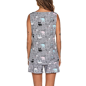 ENJOYNIGHT Women's Pajamas Set Sleeveless Tank Top and Shorts Sleepwear Set Summer 2 Piece PJS with Drawstring & Pockets(X-Large,b.owl)