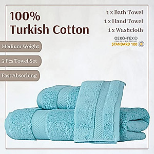 TEXTILOM 100% Turkish Cotton 3 Pcs Bath Towel Set, Luxury Bath Towels for Bathroom, Soft & Absorbent Bathroom Towels Set ( 1 Bath Towel, 1 Hand Towel, 1 Washcloth )- Aqua