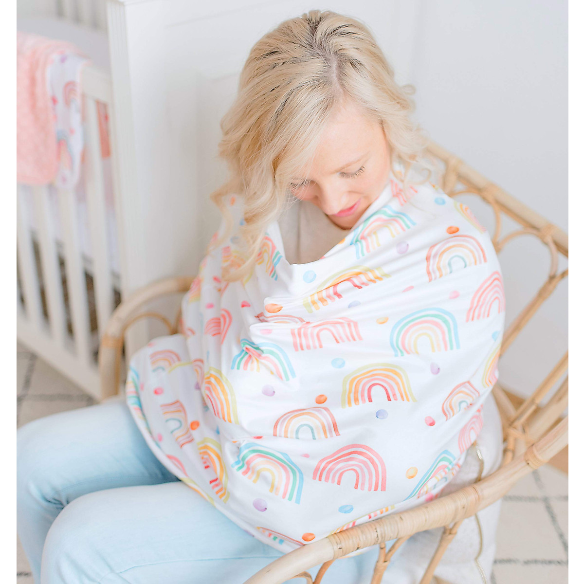 Bundled Joy Baby Gifts - Baby Car Seat Cover Canopy Breastfeeding Nursing Cover Infinity Scarf Stretchy Soft Boys Girls Gender Neutral (Rainbow White)