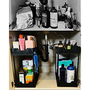 Under Sink Organizer and Storage (Top & Bottom Slide) | Bottom Fits Tall Items |2 Pack Kitchen Bathroom Sink Organizer Basket Storage with Dual Sliding Drawers - For Larger Sinks, Black