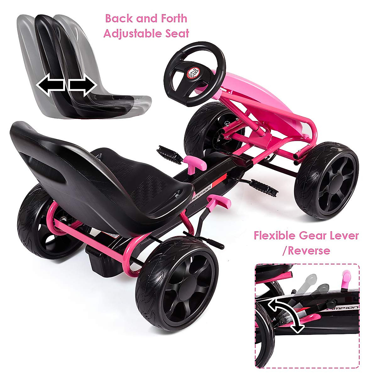 Costzon Pedal Go Kart for Kids, 4 Wheels Pedal Powered Ride on Toy, Outdoor Racer Children's Foot on Riding Car w/Adjustable Seat, Rubber Tires & 2 Brakes for Boys & Girls Age 3 to 8 (Pink)