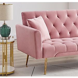 Pink Velvet Sofa Bed with 3 Adjustable Backrests, Chrome Legs - Convertible, Folding Sleeper Couch for Living Room, Office