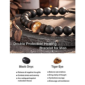 Bracelets for Men, Natural Tiger Eye Black Onyx Stone Protection Bracelets, Healing Mens Beaded Bracelet Gifts for Men Dad Boyfriend Husband Son Brother Grandpa Father