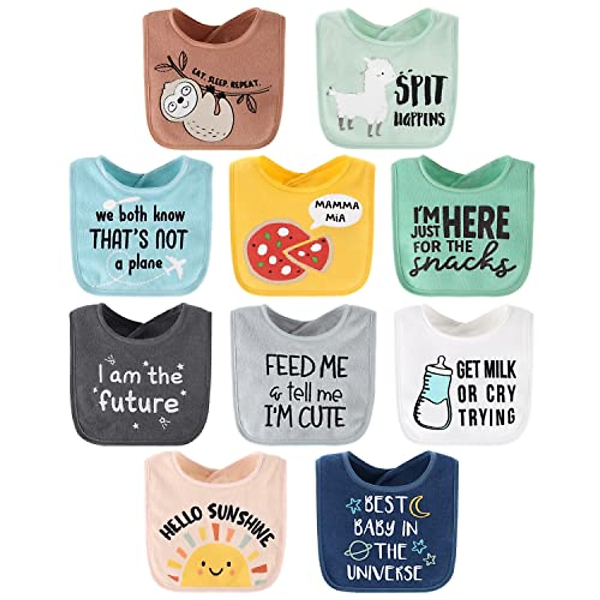 The Peanutshell Terry Baby Bib Set for Boys or Girls | Unisex 10 Pack for Feeding, Teething, or Drooling | Hello Sunshine