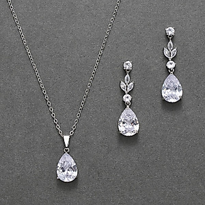 SWEETV Teardrop Wedding Jewelry Sets for Women Brides Bridesmaids, Crystal Bridal Necklace Drop Earrings Set,Prom Costume Bridal Wedding Jewelry, Silver