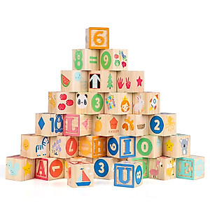 Joqutoys Wooden Building Blocks for Toddlers 1-3, Large Wood Baby Stacking Blocks Set for Kids, 30 PCS Alphabet Blocks with Toy Wagon, Educational Wooden Toys for Boys Girls Gifts 1.65"