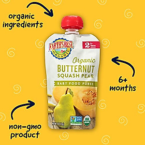 Earth's Best Organic Baby Food Pouches, Stage 2 Fruit and Vegetable Puree for Babies 6 Months and Older, Organic Butternut Squash and Pear Puree, 4 oz Resealable Pouch (Pack of 12)