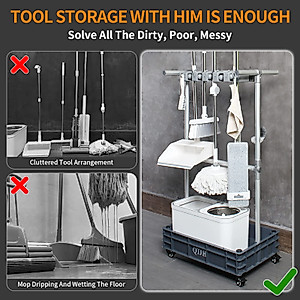 QTJH Broom mop holder cleaning supplies organizer janitorial carts on wheels housekeeping station storage tools for garage, garden, closet, cabinet.