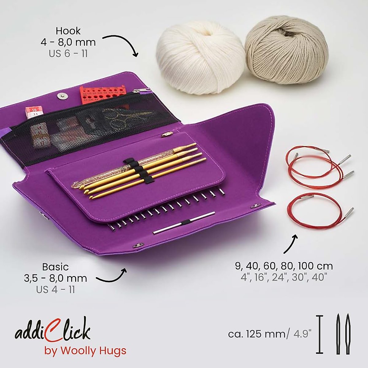 Addi Click by Woolly Hugs Interchangeable Circular System with Exclusive Red Cords (European Version) with Red Gauge