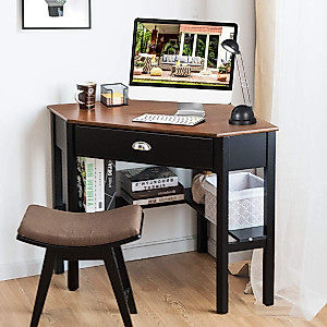 Nightcore Small, Wood Computer Desk, Compact Writing w/Drawer & Storage Shelves, Space Saving Study Workstation, Laptop PC Corner Table, Coffee