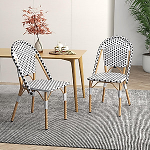 Tangkula French Bistro Chair Set of 4, Outdoor Armless Dining Chairs with Hand-Woven Rattan, Accent Chairs with Galvanized Metal Frame for Garden Kitchen Backyard Porch (Black & White)