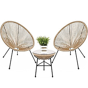 Best Choice Products 3-Piece Outdoor Acapulco All-Weather Patio Conversation Bistro Set w/Plastic Rope, Glass Top Table and 2 Chairs - Natural