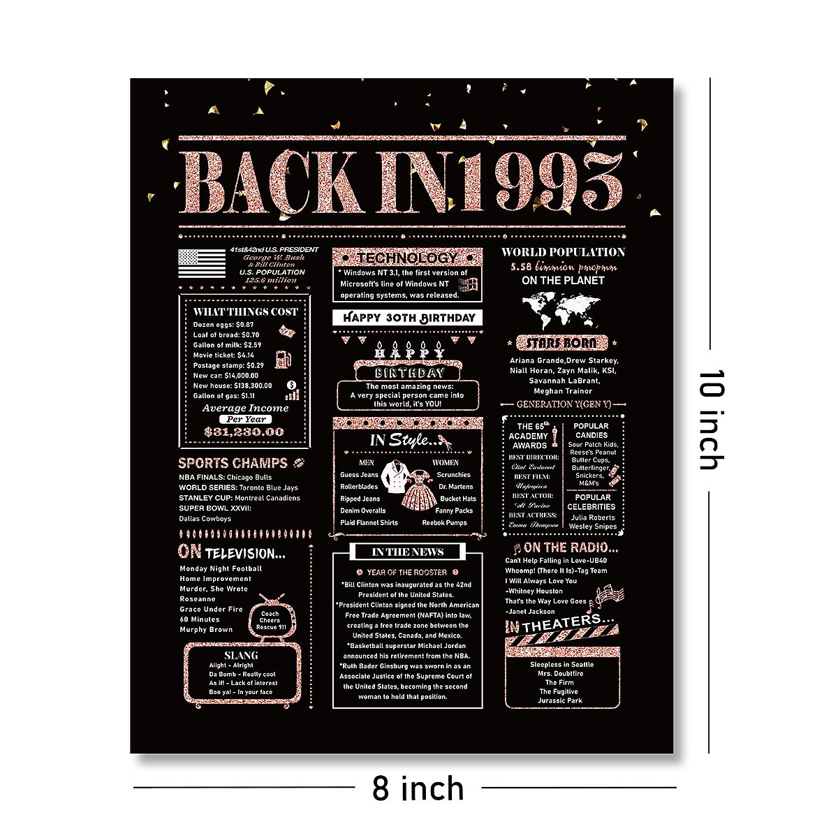 BGTCARDS 30th Birthday Posters, 2 Pieces 30th Birthday Decorations for Women, 30th Birthday Gifts for Her, Back in 1993 Birthday Poster (Unframed), 8x10 Inch, Rose Gold (1993RG2)