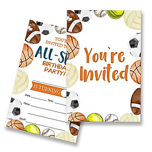 EUDOSI Colorful Sports Theme Birthday Party Invitations Supplies Fill-In Set of 20 with Envelopes Football Baseball Basketball Sports Birthday Bash Invites Cards, Double Sided