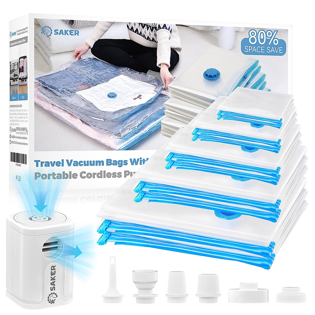 Saker Vacuum Storage Bags with Electric Pump, Space Bags Vacuum Storage Bags, 2-in-1 Pumping and Inflation, 15 Pack (3 Jumbo,3 Large,3 Medium,3 Small,3 Roll Up Bags) for Clothes, Bedding, Travel