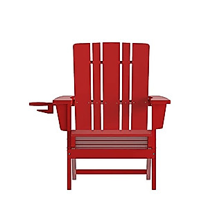Flash Furniture Halifax Adirondack Chair with Cup Holder, Weather Resistant Poly Resin Adirondack Chair, Red