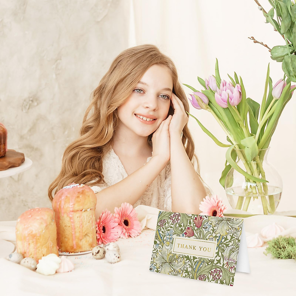 Whaline 24 Pack Plants Floral Gold Foil Thank You Cards Bulk Green Flower Greeting Cards with Envelope Sticker Vintage Blank Note Cards for Birthday Baby Shower Party Supplies, 4 x 6 Inch