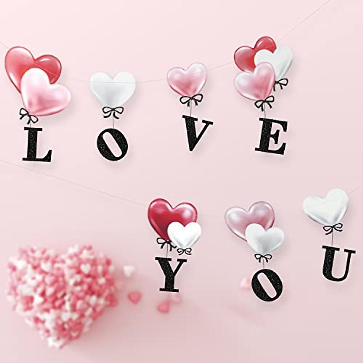 LOVE YOU Banner Heart Garland for Valentine’s Day Decorations Love Heart Wedding Anniversary Backdrop Happy Mother’s Day Bunting