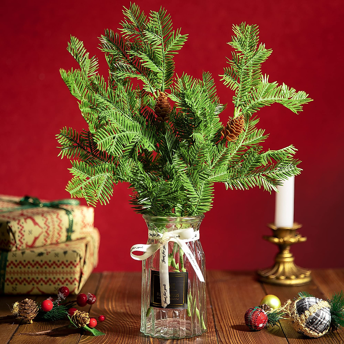 Watayo 8 Pcs Large Artificial Pine Needles Branches- 16" x 7" Christmas Fake Greenery Pine Picks with Pinecone- Faux Pine Leaves Sprigs for Christmas Garland Wreath & Home Garden Decoration