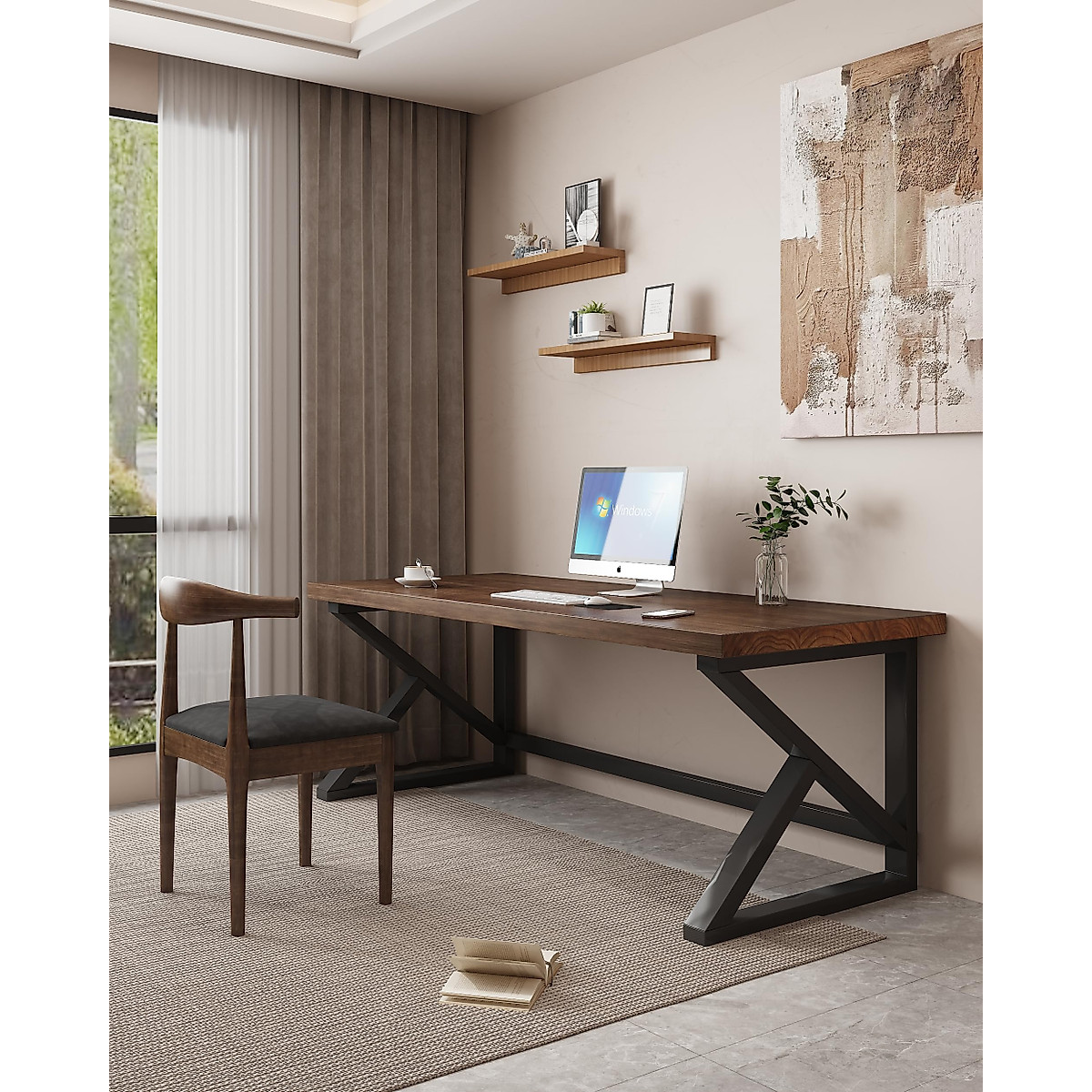 Sihtengxxhongs Solid Wood Computer Desk,Rustic Style 55-inch Large Office Desk- Modern Gaming Working for Home Office, Modern Simple Design, Ideal for Study, Writing, Dining