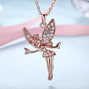 LZD Rose Gold Platinum Plated Necklace Women's Pendant Tinkerbell AWings Fairy AA Zirconia B333 (rose-gold-plated-base)
