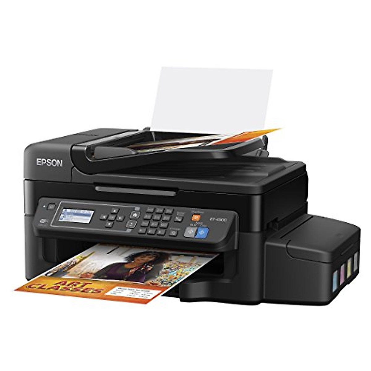 Epson WorkForce ET-4500 EcoTank Wireless Color All-in-One Supertank Printer with Scanner, Copier, Fax, Ethernet, Wi-Fi, Wi-Fi Direct, Tablet and Smartphone (iPad, iPhone, Android) Printing, Easily Refillable Ink Tanks