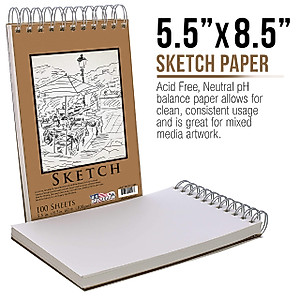 U.S. Art Supply 5.5" x 8.5" Top Spiral Bound Sketch Book Pad, Pack of 2, 100 Sheets Each, 60lb (100gsm) - Artist Sketching Drawing Pad, Acid-Free - Graphite Colored Pencils, Charcoal - Adults Students