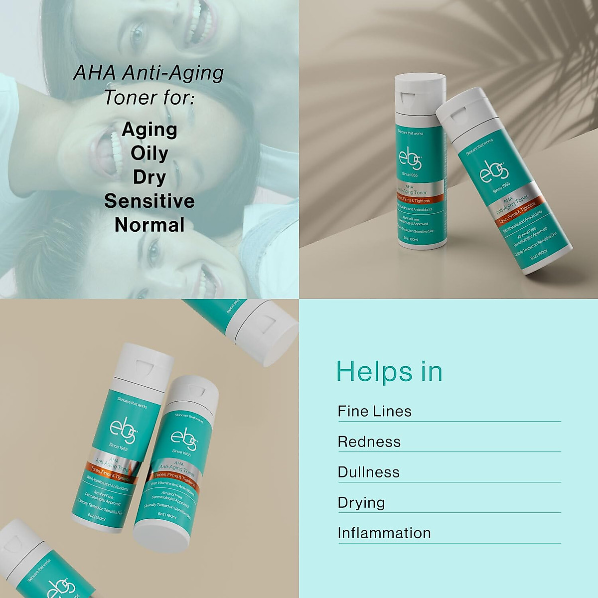 eb5 Aha Anti-Aging Facial Toner with Vitamins and Antioxidants, Tones, Firms & Tightens, Alchohol-Free, Clinically Tested on Sensitive Skin (6 fl oz)