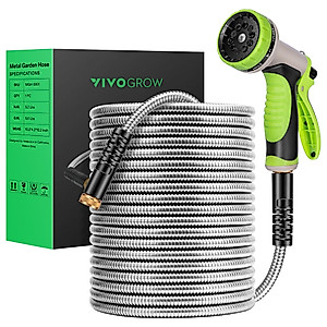 VIVOGROW Metal Garden Hose 50ft, Stainless Steel Water Hose with Brass Fittings & 10-Function Nozzle, Tangle Free & Crush Proof, Flexible Bionic Hose for Garden Watering, Pet Bathing, Car Washing