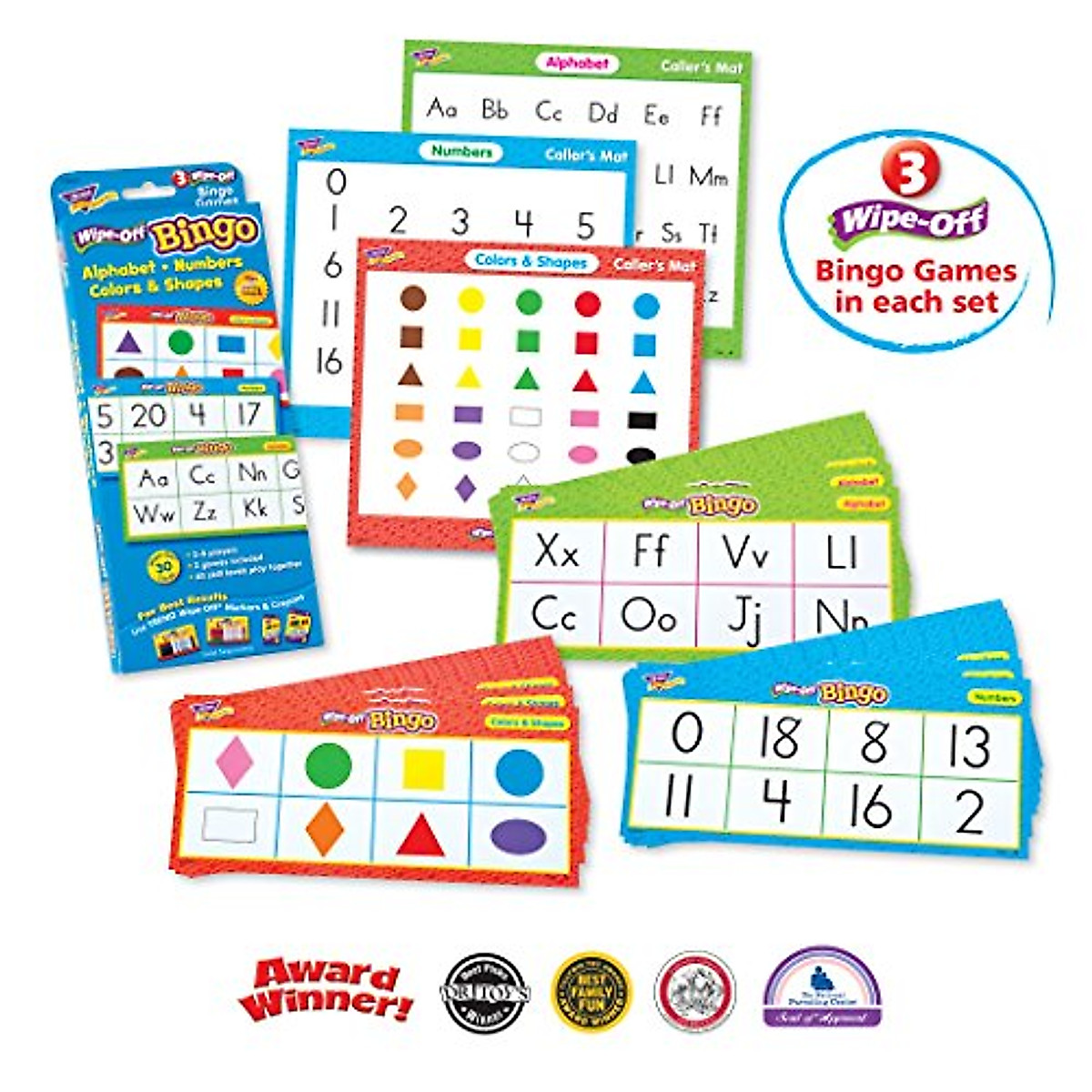 TREND ENTERPRISES, INC. Alphabet, Numbers, Colors & Shapes Wipe-Off Bingo (T-6601)