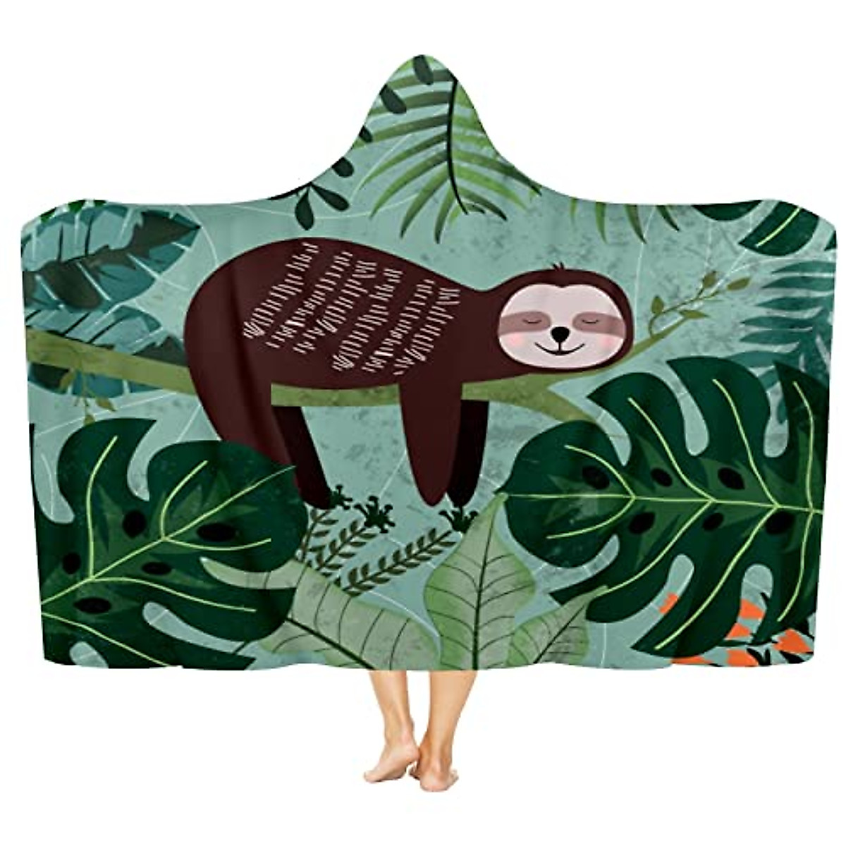 Hooded Blanket Sloth Sleep Tropical Jungle Wearable Blanket Hood Poncho Hooded Blanket Throw Plush Blanket Novelty Blanket for Bed Home Sofa 39x51 Inch