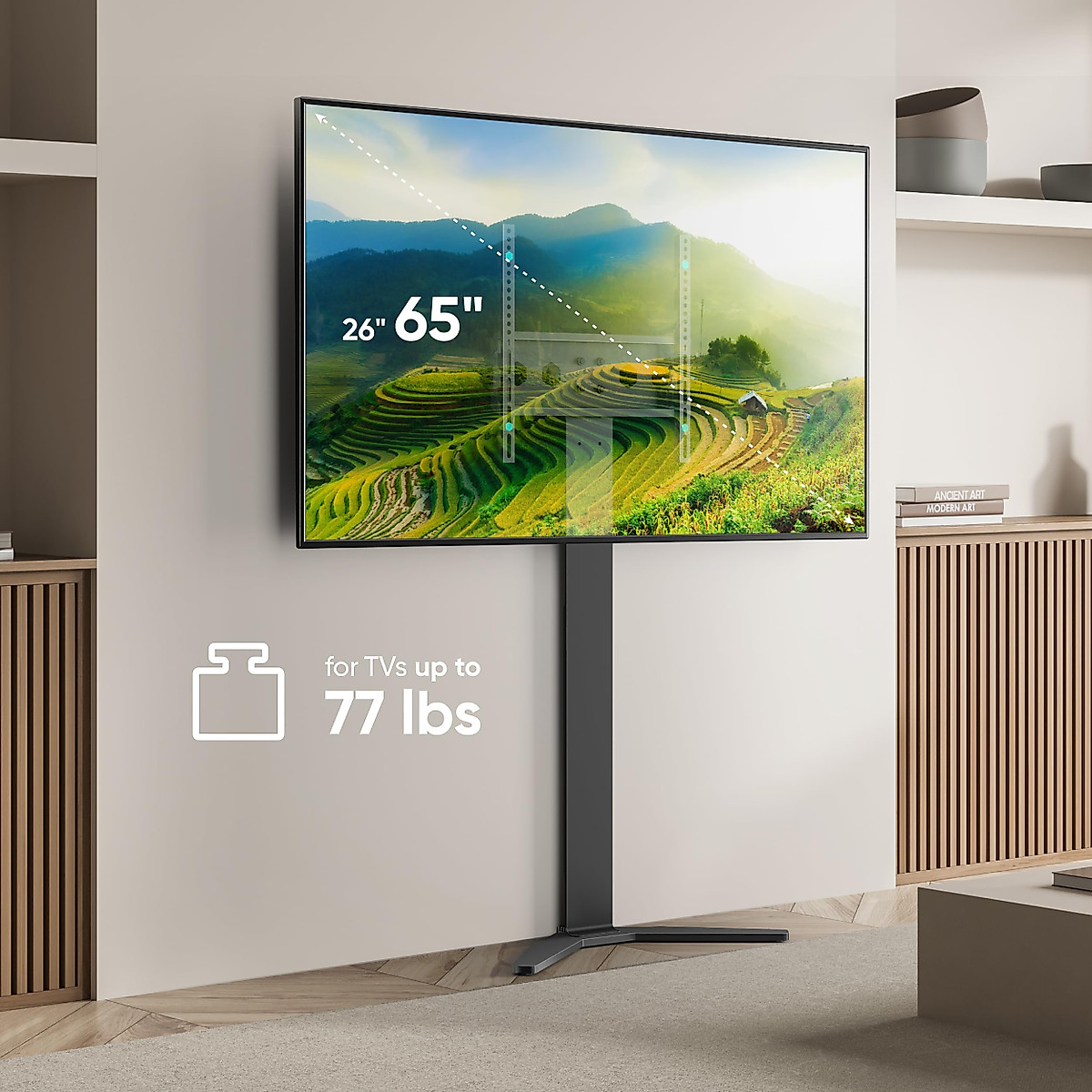 ONKRON Swivel Floor TV Stand Tempered Glass for 30" - 60" TV & Screen, Minimalist TV Stand Floor Standing up to 90 lbs, Bedroom TV Stand Adjustable Height Max VESA 400x400/TV Stand (26-65" / 77 lbs)