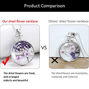 Lifenanny Dry Pressed Flower Necklace Handmade Purple Lavender Glass Necklace Round Pendant Necklace for Women Girls (Purple)